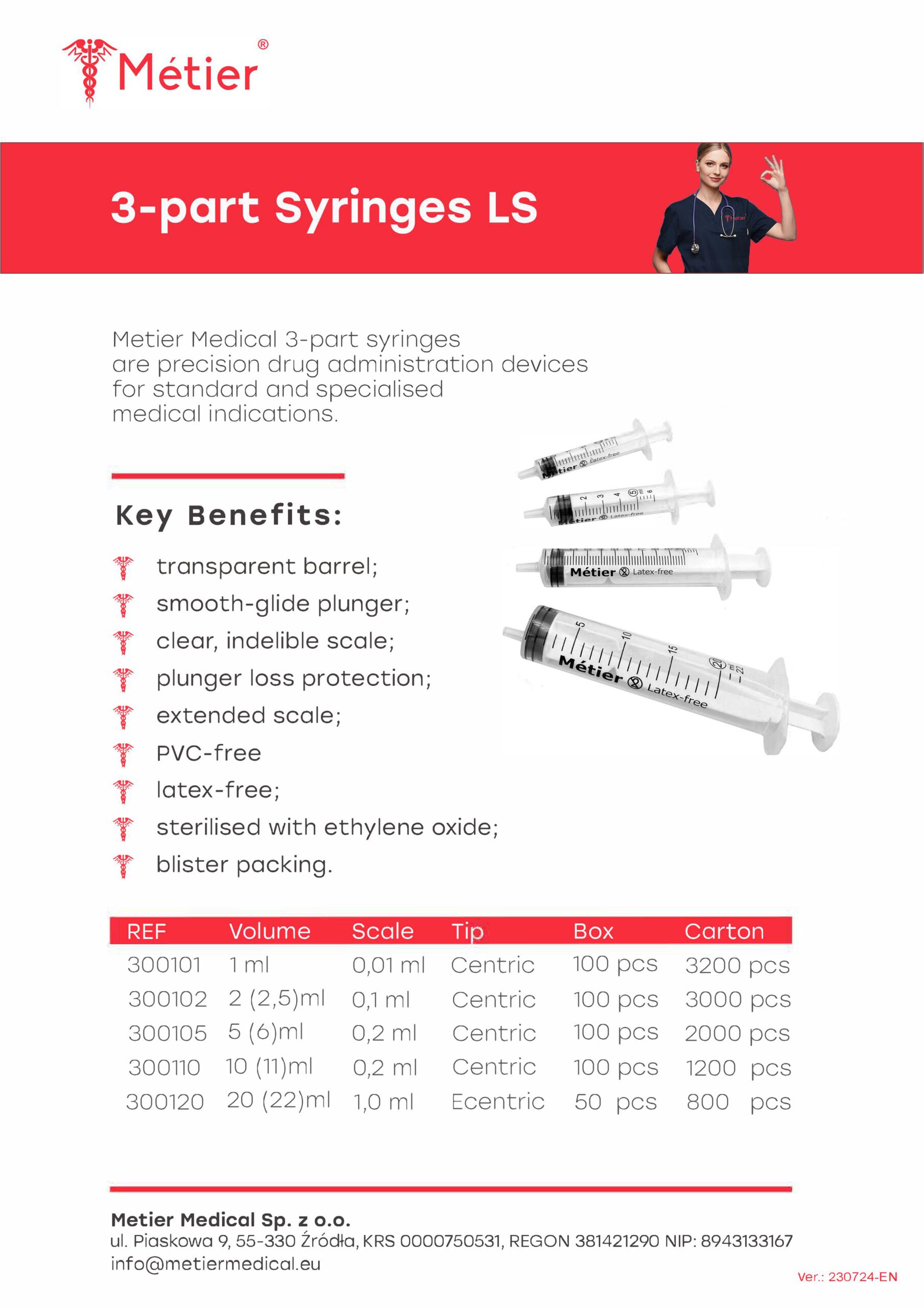 Metier Medical Europe 3- PART SYRINGES LS for Medical Injections